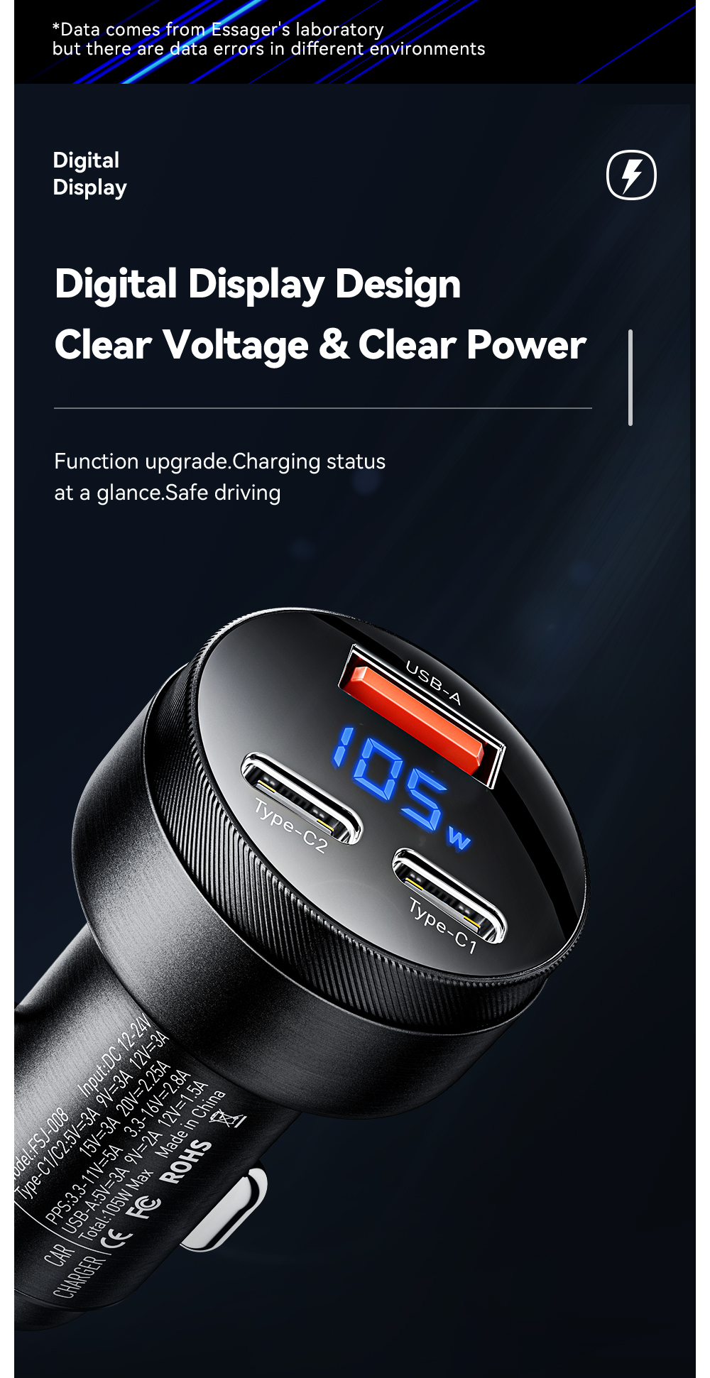 Essager 105W 2C+USB Aluminum Alloy Digital Display Car Charger | Shopee ...