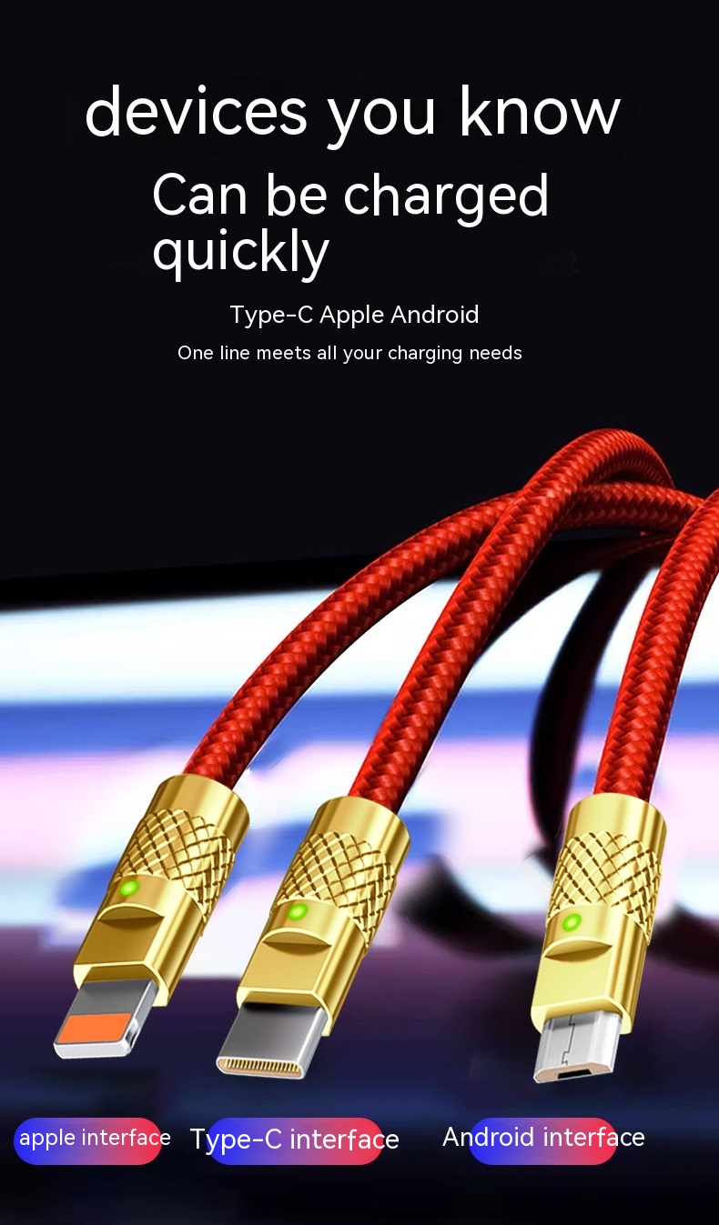 200W Super Fast Charging Cable 3 In 1 kirsite Braided Data Cable 6A Charger Cord For ios Android ...