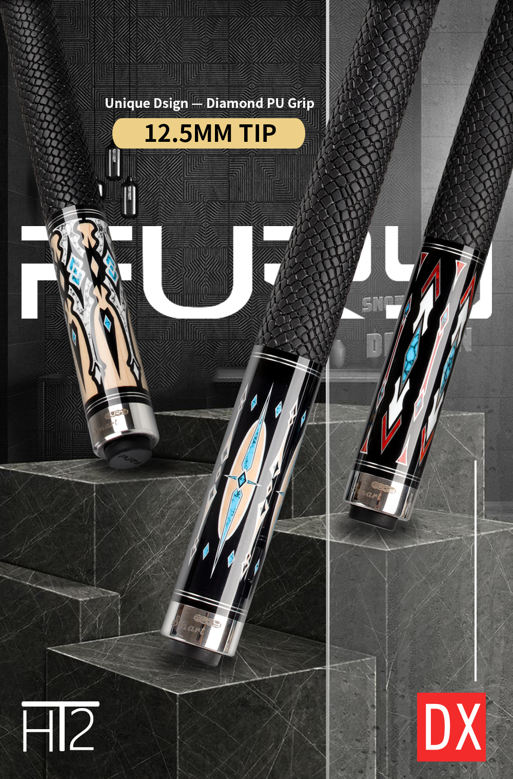 FURY Crical Pool Cue Stick with 12.5mm Tip Maple Shaft and leather grip ...
