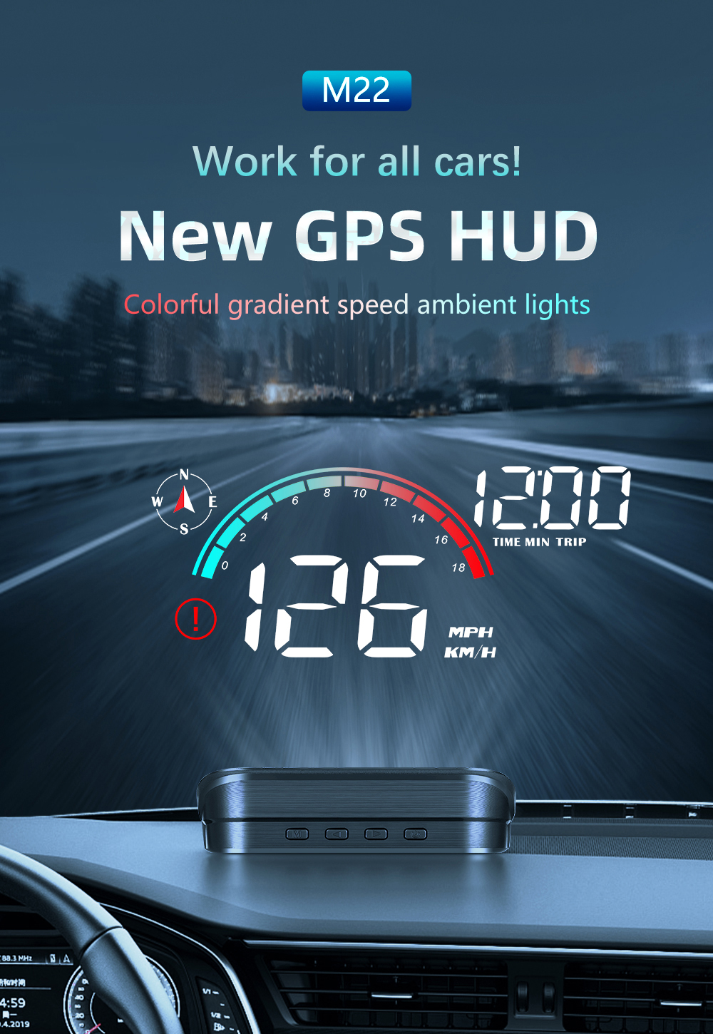 M22 Car mounted GPS head up display, universal OBD type speedometer ...