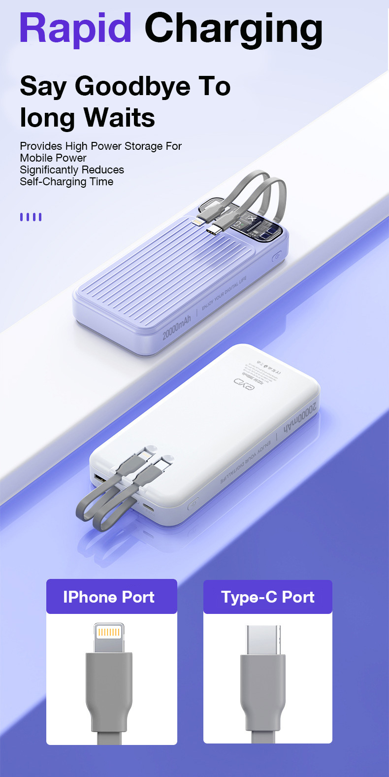 EYD JS29 Powerbank 20000mAh PD22.5W Power Bank Built with cable ...