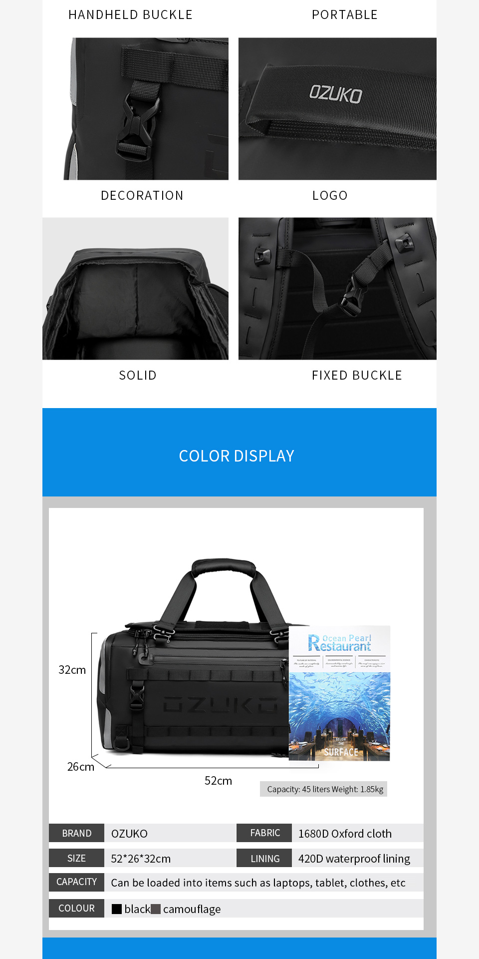 OZUKO Large Capacity Waterproof Travel Bag Multifunction Outdoor ...