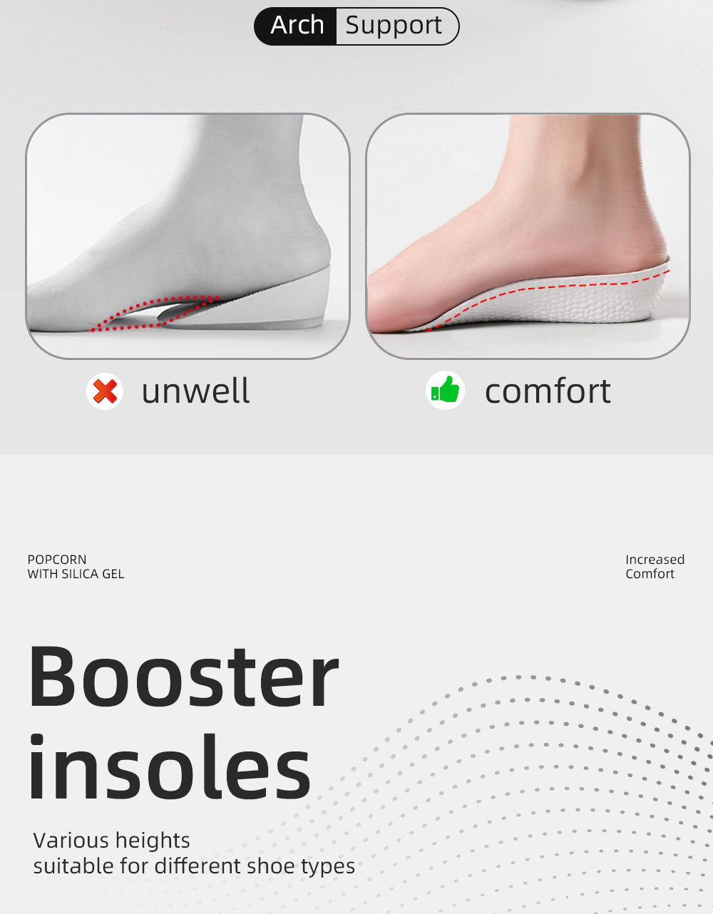 1 Pair Arch Support Height Increasing Insoles Lightweight Cushion For ...