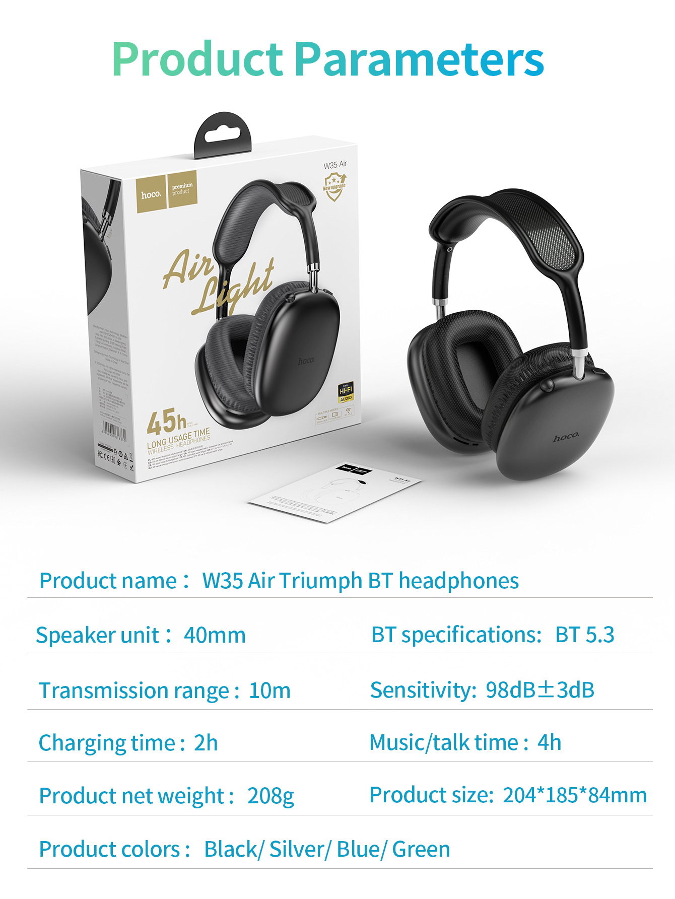 HOCO W35 Air Wireless Headphones Bluetooth Earphone Long Standby Gaming ...