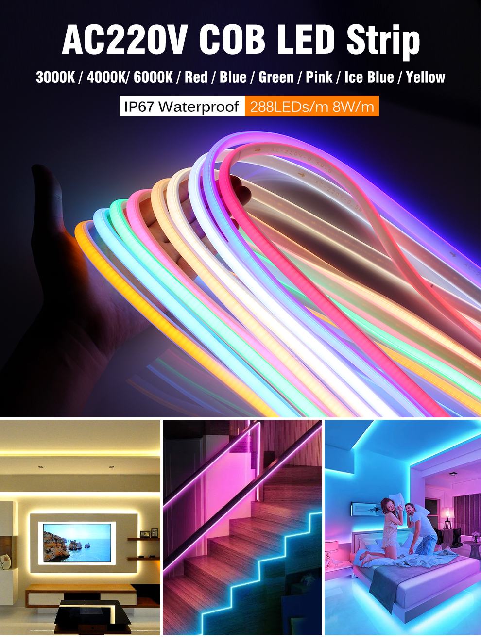 AC220V COB LED Strip IP67 Waterproof 3000K 4000K 60000K Neon light ...