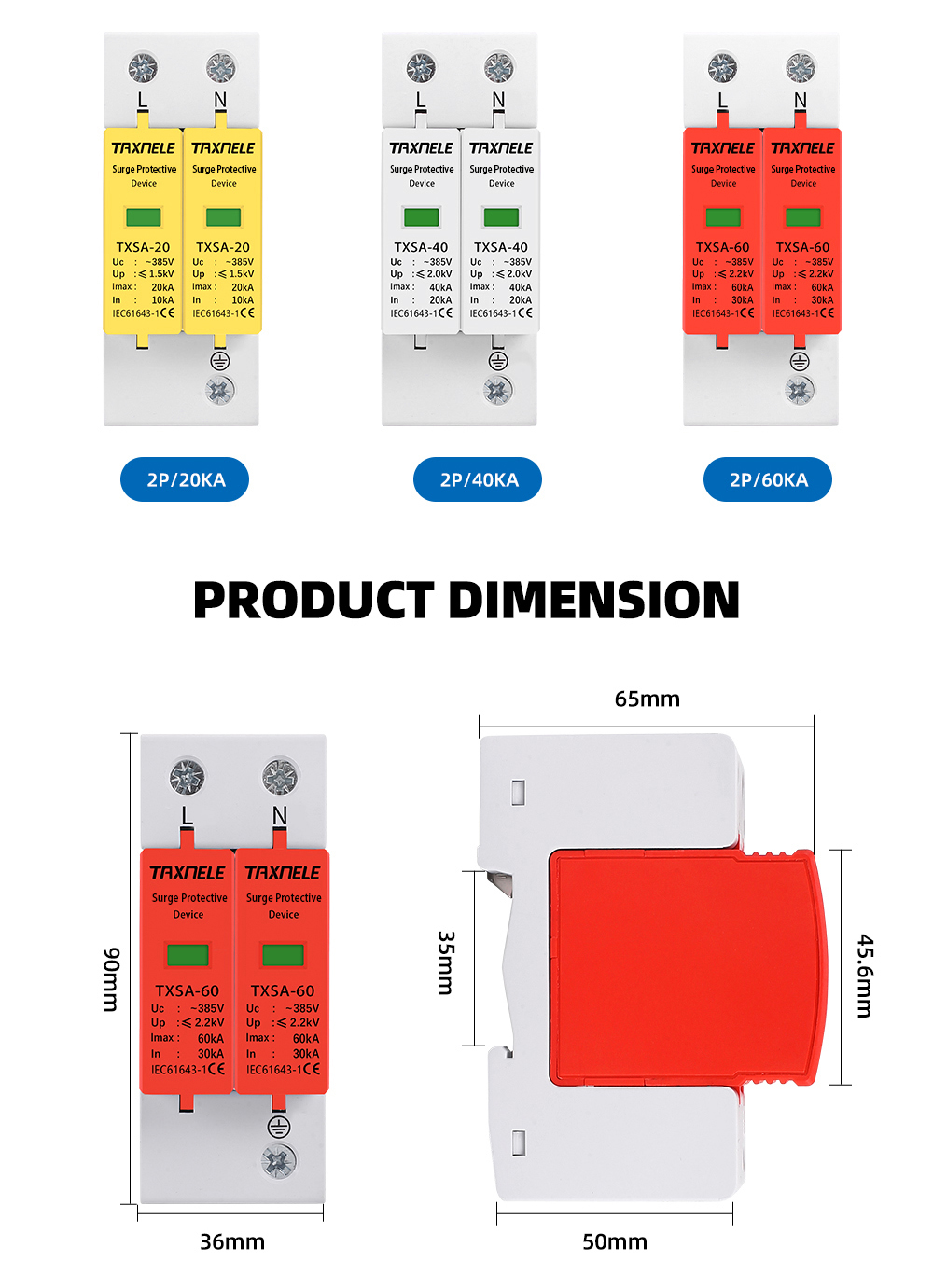 TAXNELE AC SPD Din rail 20KA 40KA 275V 385V Lightning Surge Protector Low-voltage Arrester ...