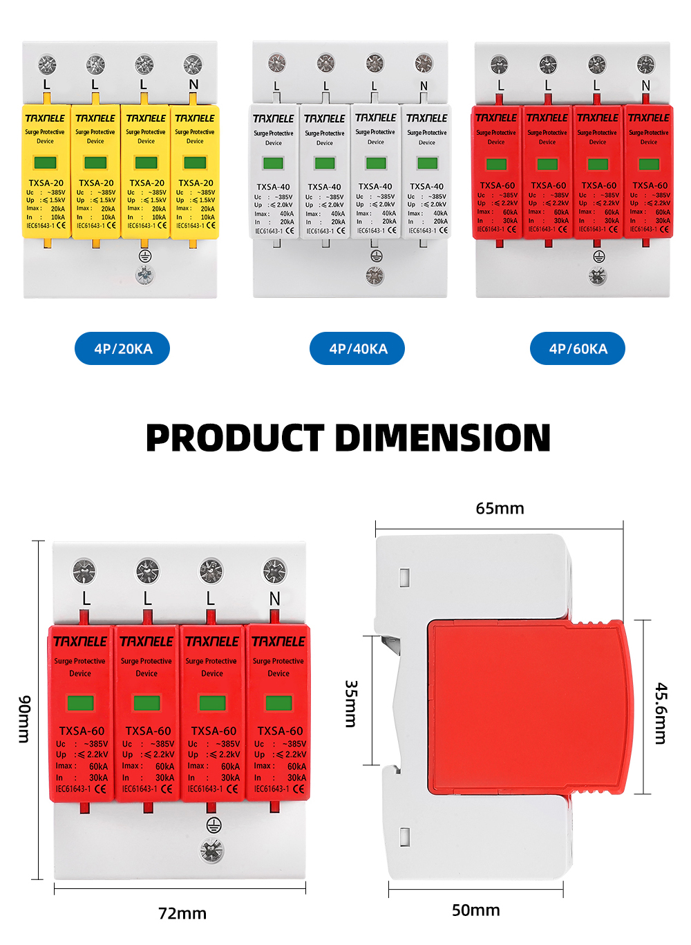 TAXNELE AC SPD Din rail 20KA 40KA 275V 385V Lightning Surge Protector Low-voltage Arrester ...