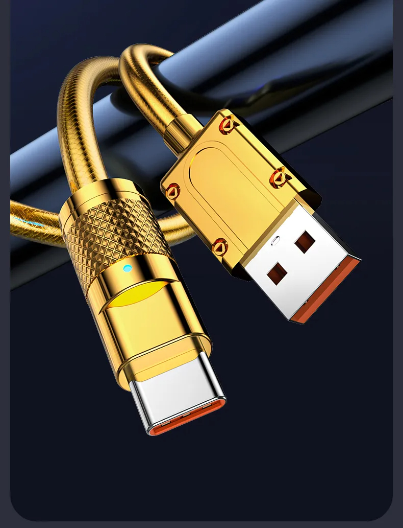 100W Zinc Alloy Super Fast Charge Cable With Indicator Light USB A Fast ...