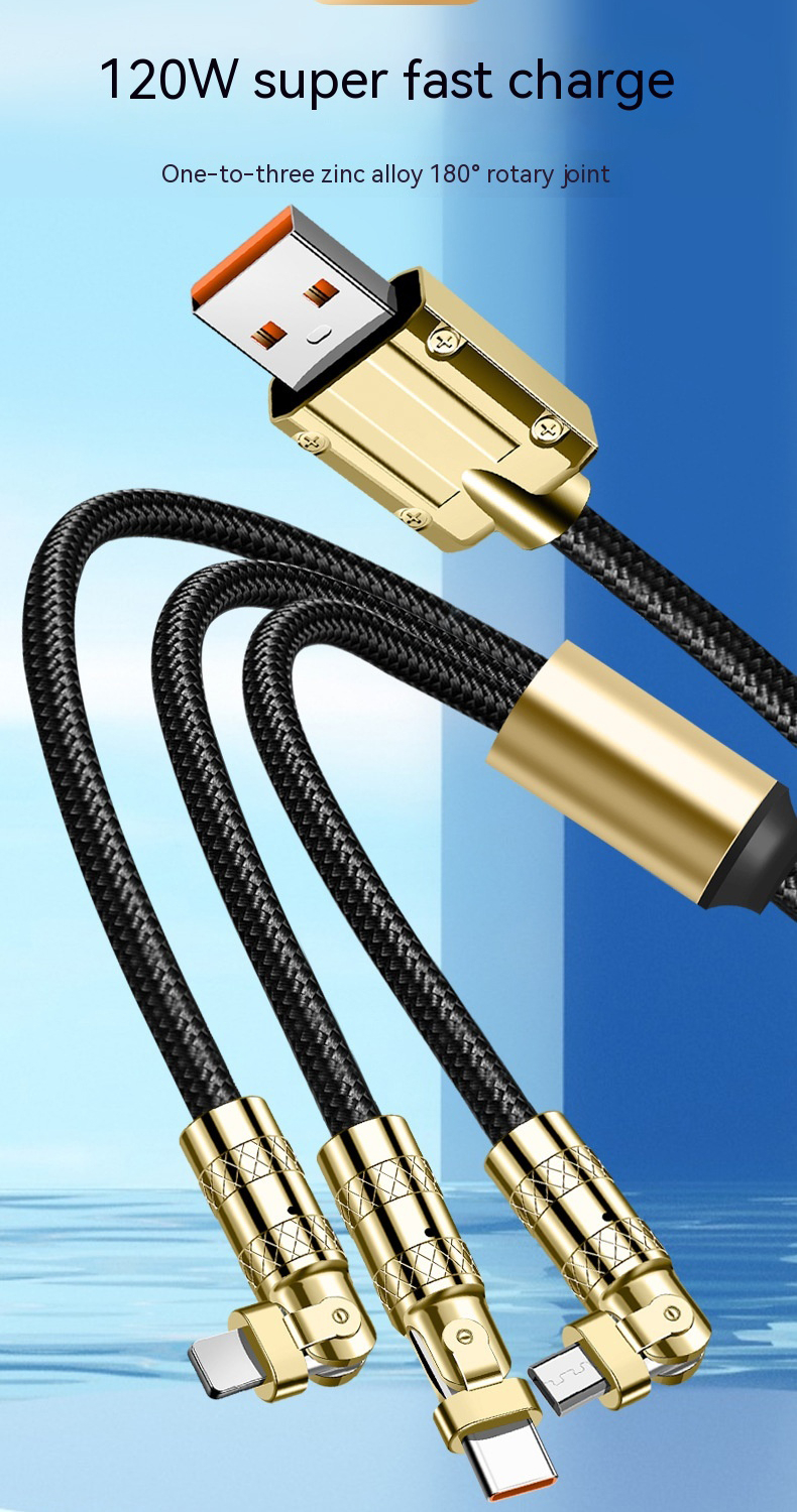 180°Rotate 120W Fast Charging Cable 3 In 1 Zinc Alloy Woven Bold Data ...