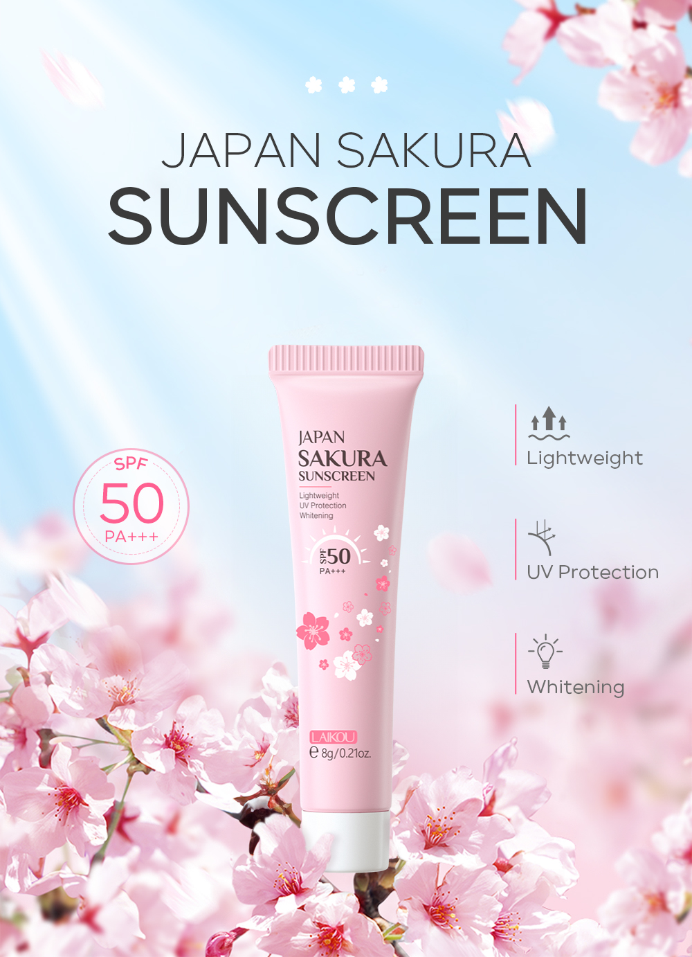 LAIKOU Sakura Face Body Sunscreen SPF 50 PA+++ Long Lasting Waterproof ...