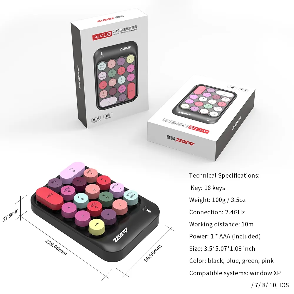 Ajazz AK18 Colorful 18 Keys Wireless Numeric Keypad 2.4G USB Mini ...