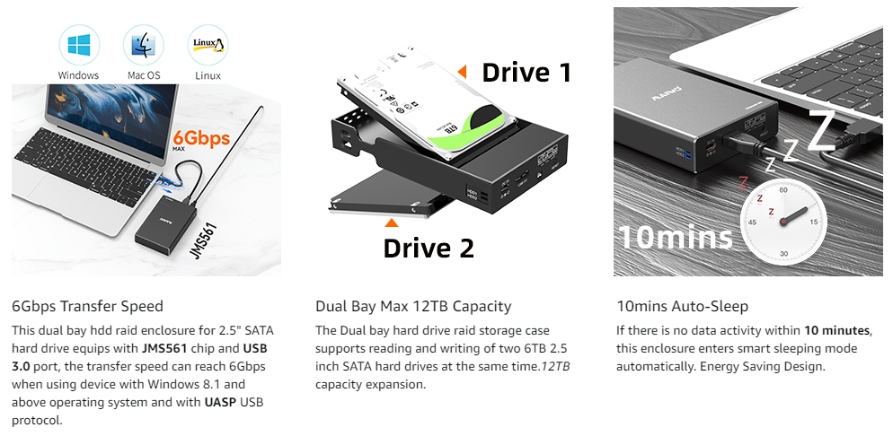 MAIWO Aluminium 2 Bay SATA RAID Enclosure for 2.5 inch SATA HDD / SSD ...