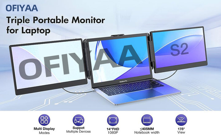 ofiyaa S2 14 inch Triple Laptop Screen Expander Full HD 1080P IPS Dual ...