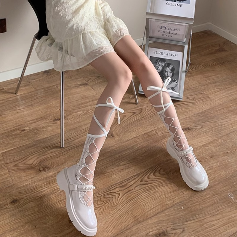 Klalien Sexy cross-strappy lace stockings for women showing skinny legs ...