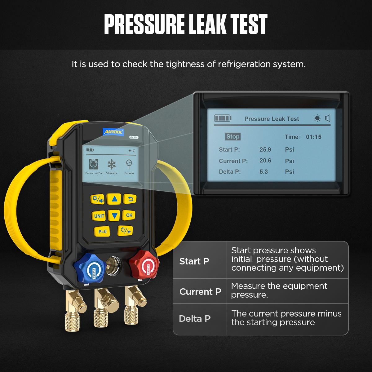 AUTOOL LM160 Refrigeration Digital Manifold Gauge for Temperature ...