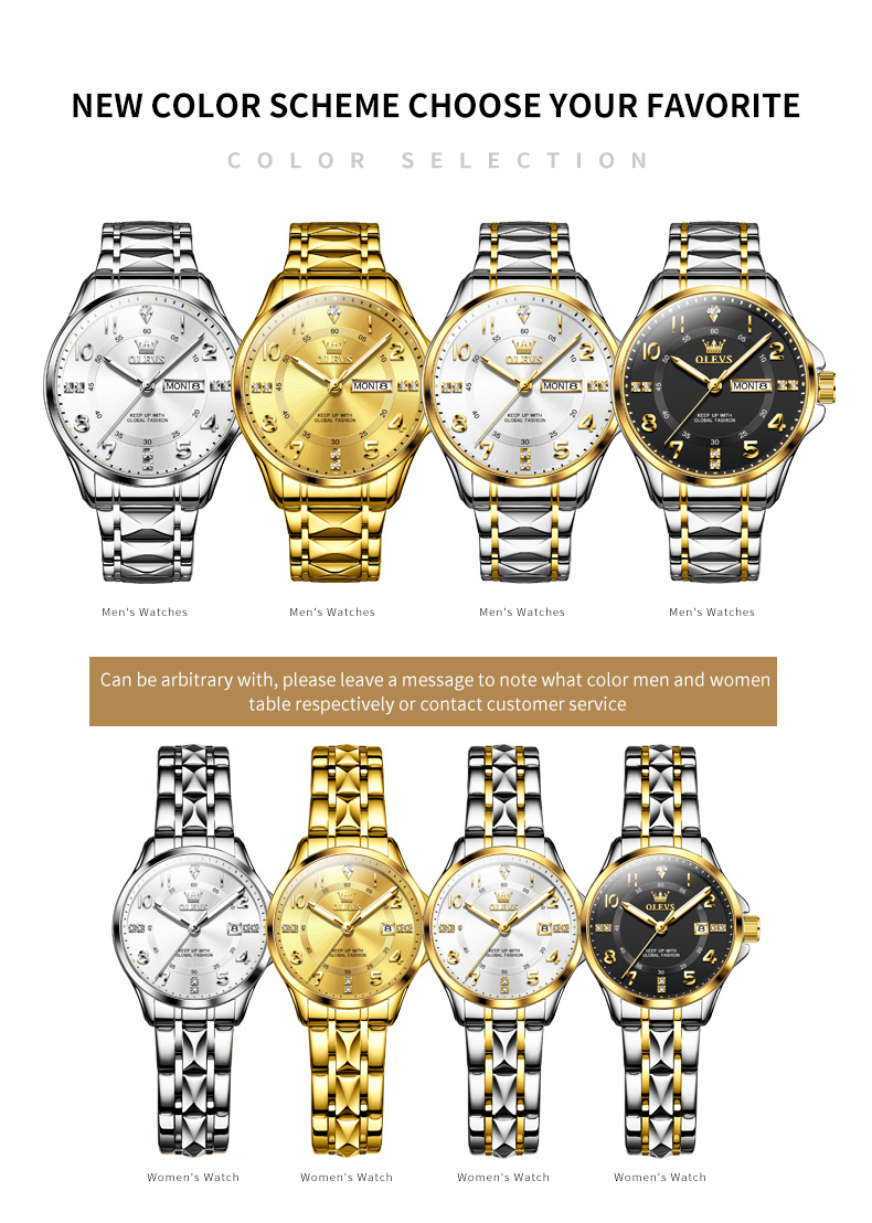 Olevs Couple Watch Waterproof Stainless Steel Box Gold Luxury Business ...