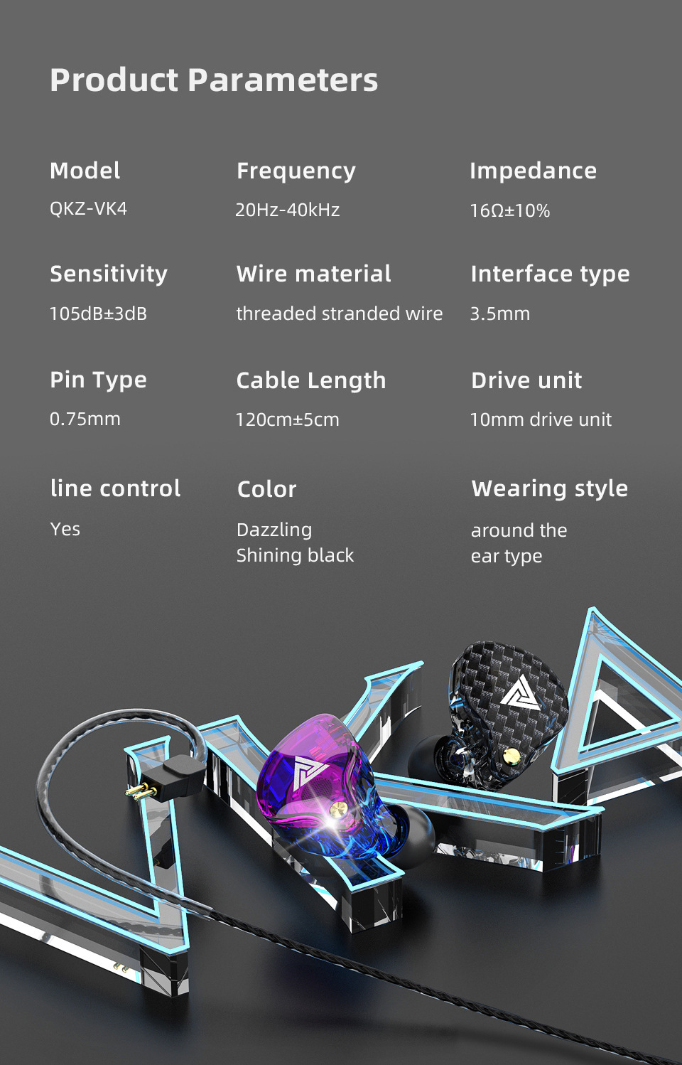 QKZ VK4 HiFi Ear Earbuds Stereo Bass in-Ear Earphone Noise Cancelling ...