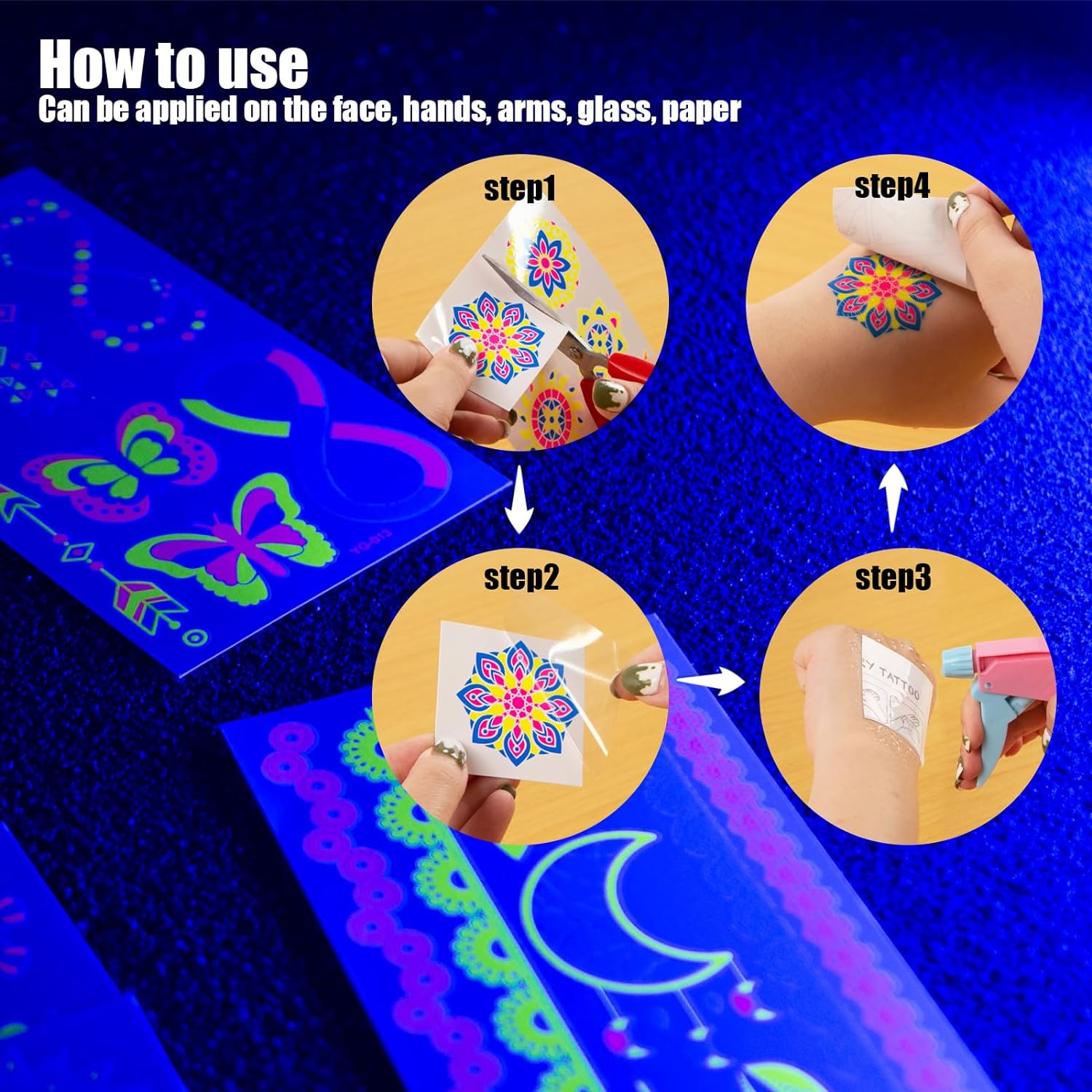 20 Sheet Luminous Fluorescent Tattoos Under UV Neon Blacklight, Glow in ...