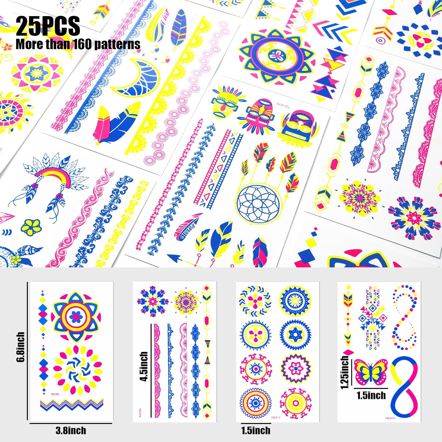 20 Sheet Luminous Fluorescent Tattoos Under UV Neon Blacklight, Glow in ...