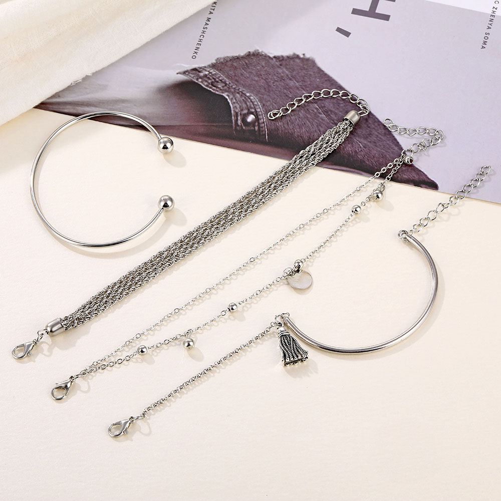 Retro Fashion Multi-Layer Silver Tassel Disc 4-Piece Set Bracelet ...
