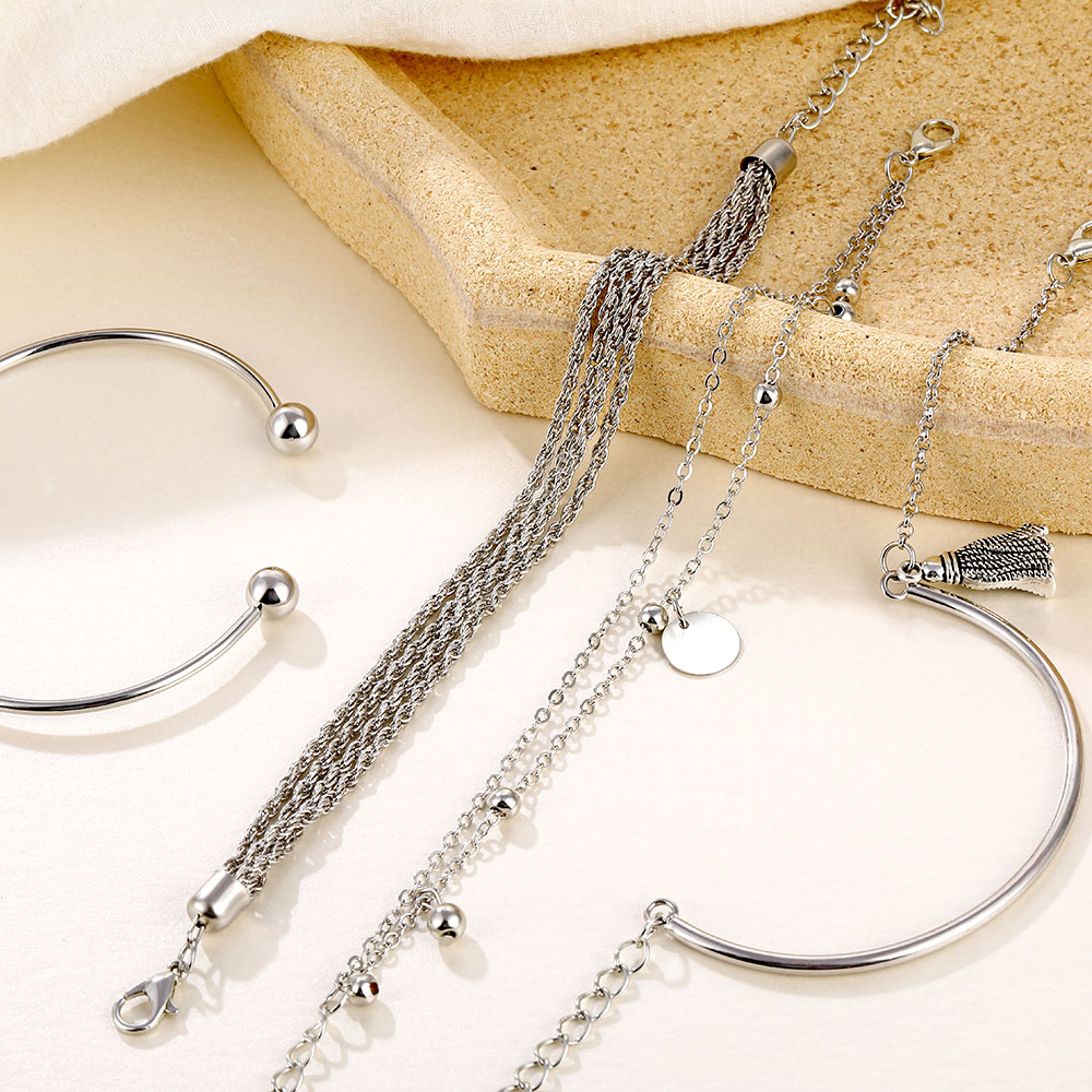 Retro Fashion Multi-Layer Silver Tassel Disc 4-Piece Set Bracelet ...