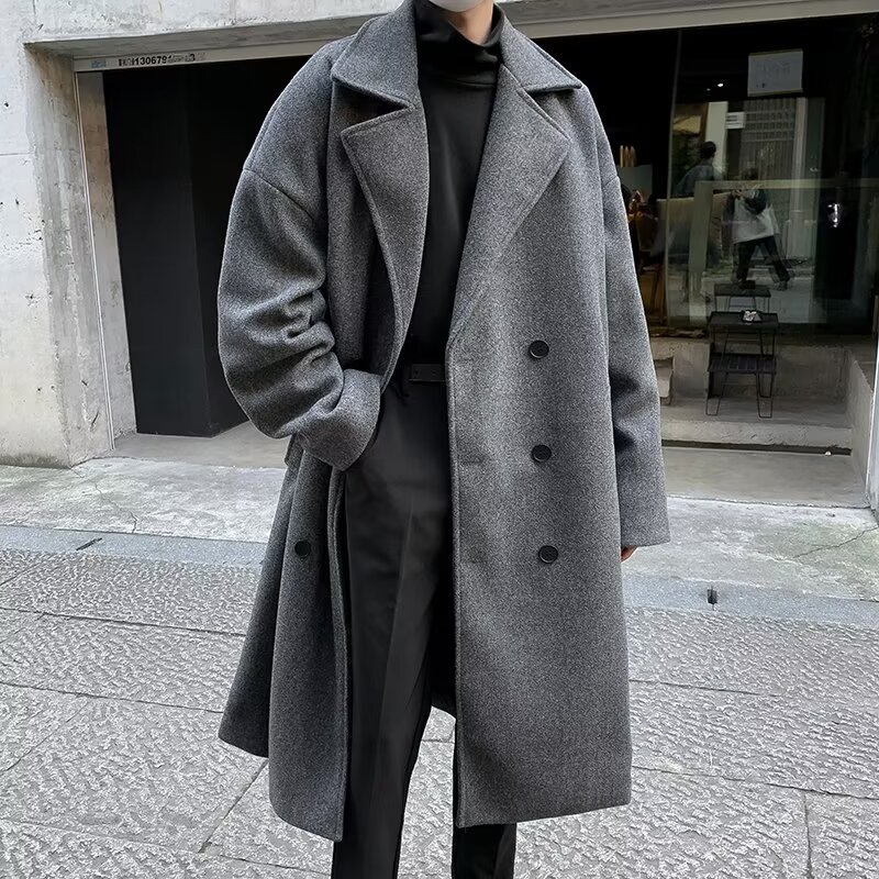 Men Coat Winter Woolen Coat Mid-Length Over-the-Knee Blazer Double ...