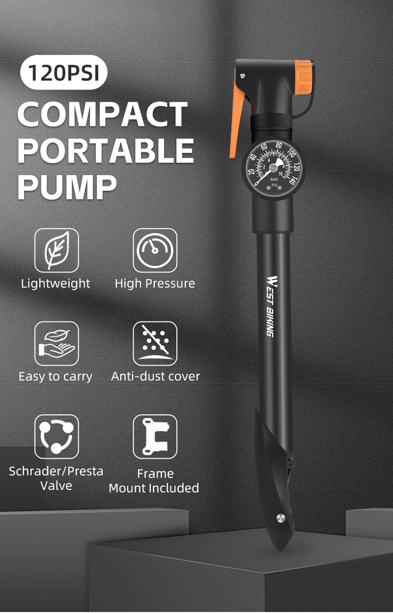 WEST BIKING High Pressure Bike Pump Motocycle Pump 120 PSI Pump For ...