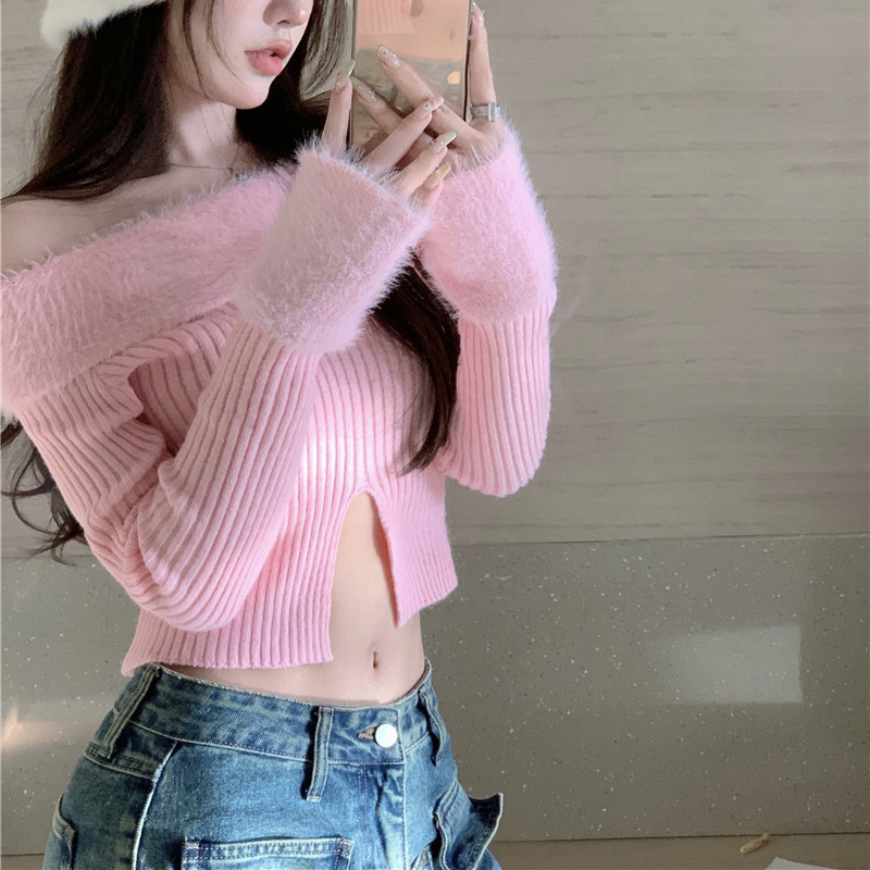 2024 Winter Plush Spliced Off Shoulder Long Sleeve Top Pink Knit Crap ...