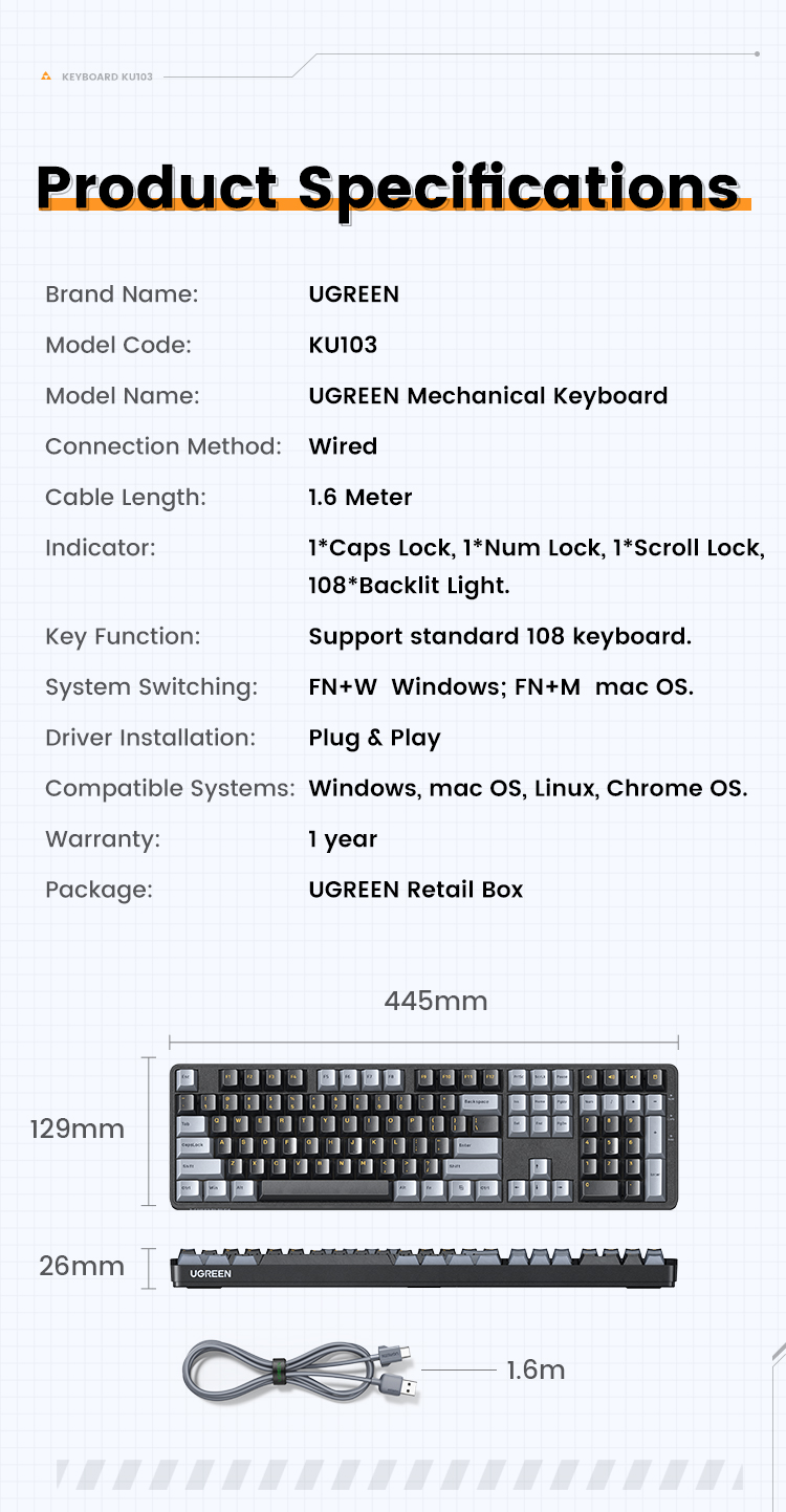 UGREEN Mechanical Keyboard 108 PBT Keycaps Wired Keyboard Red Switch ...