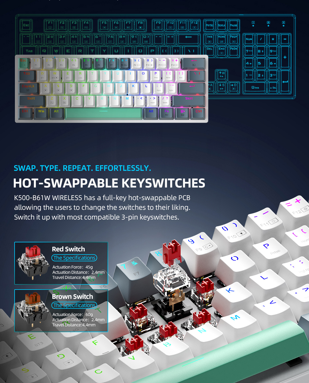 Machenike K500 B61 Mechanical Keyboard, Wired Keyboard, Wired/2.4G ...