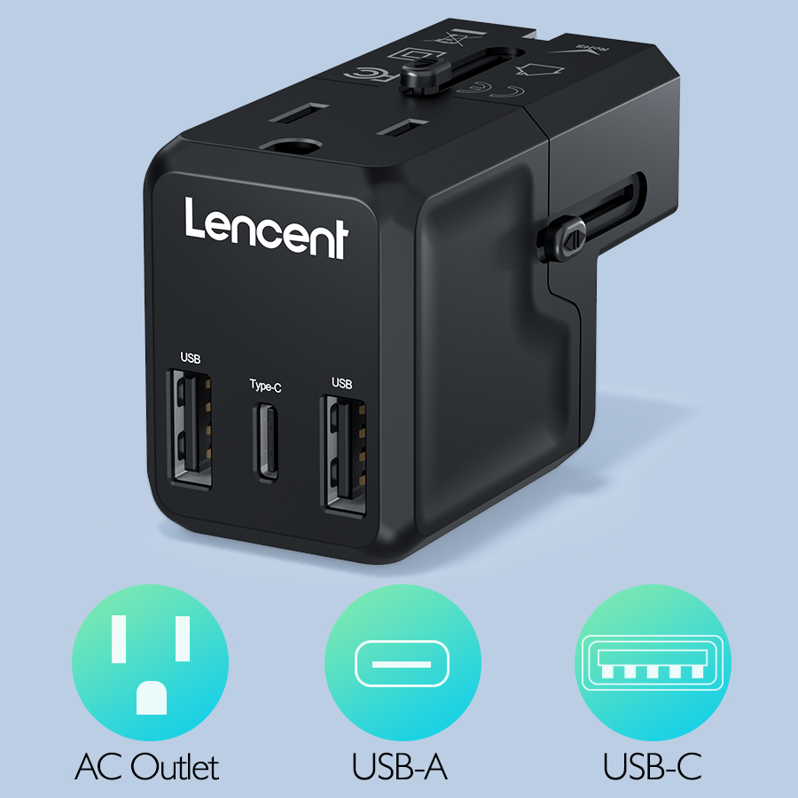 LENCENT All-in-One Charger Universal Travel Adapter with 1 AC Outlet 3X ...