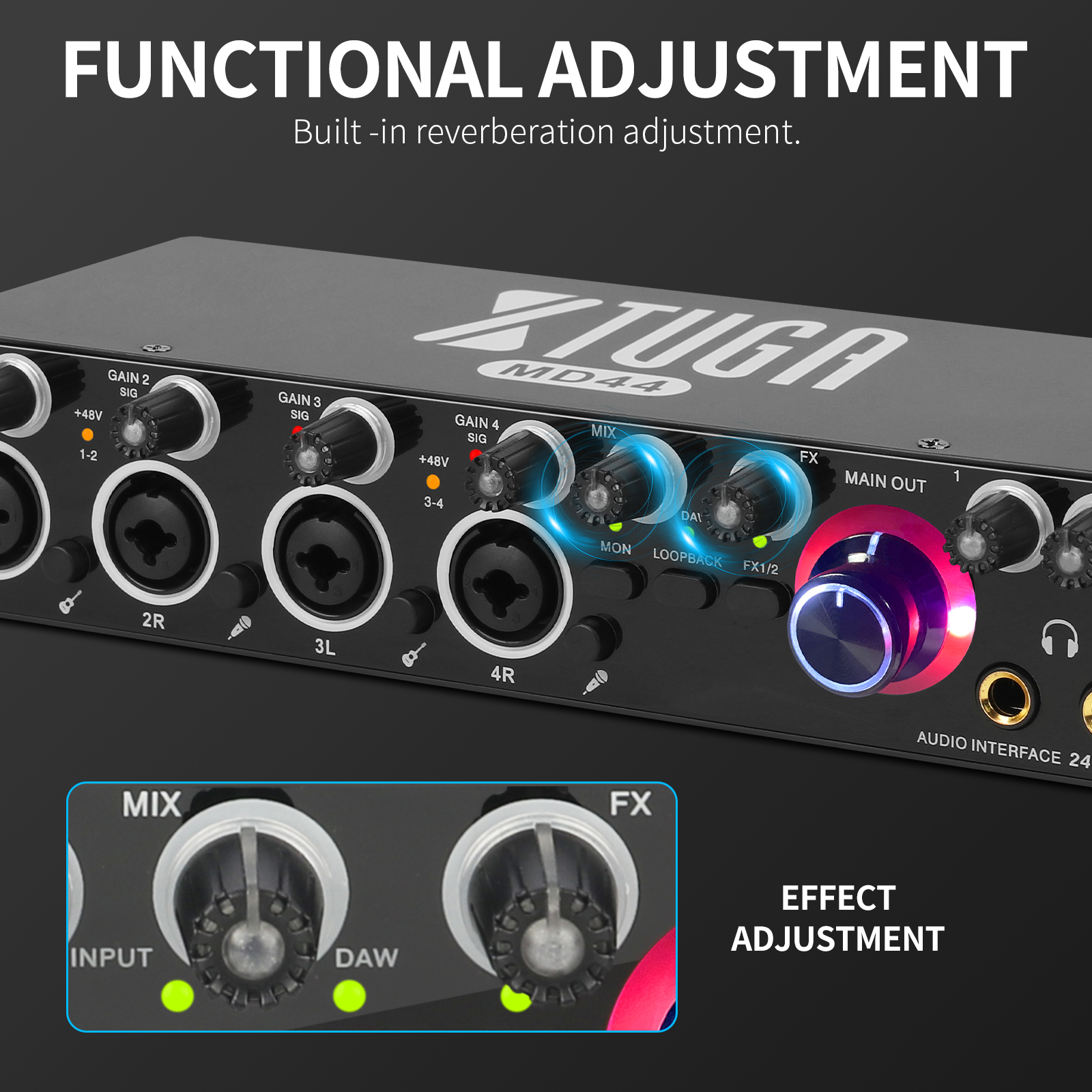 XTUGA MD44 4 Channel Professional Audio Interface Stereo/Mono USB Sound ...