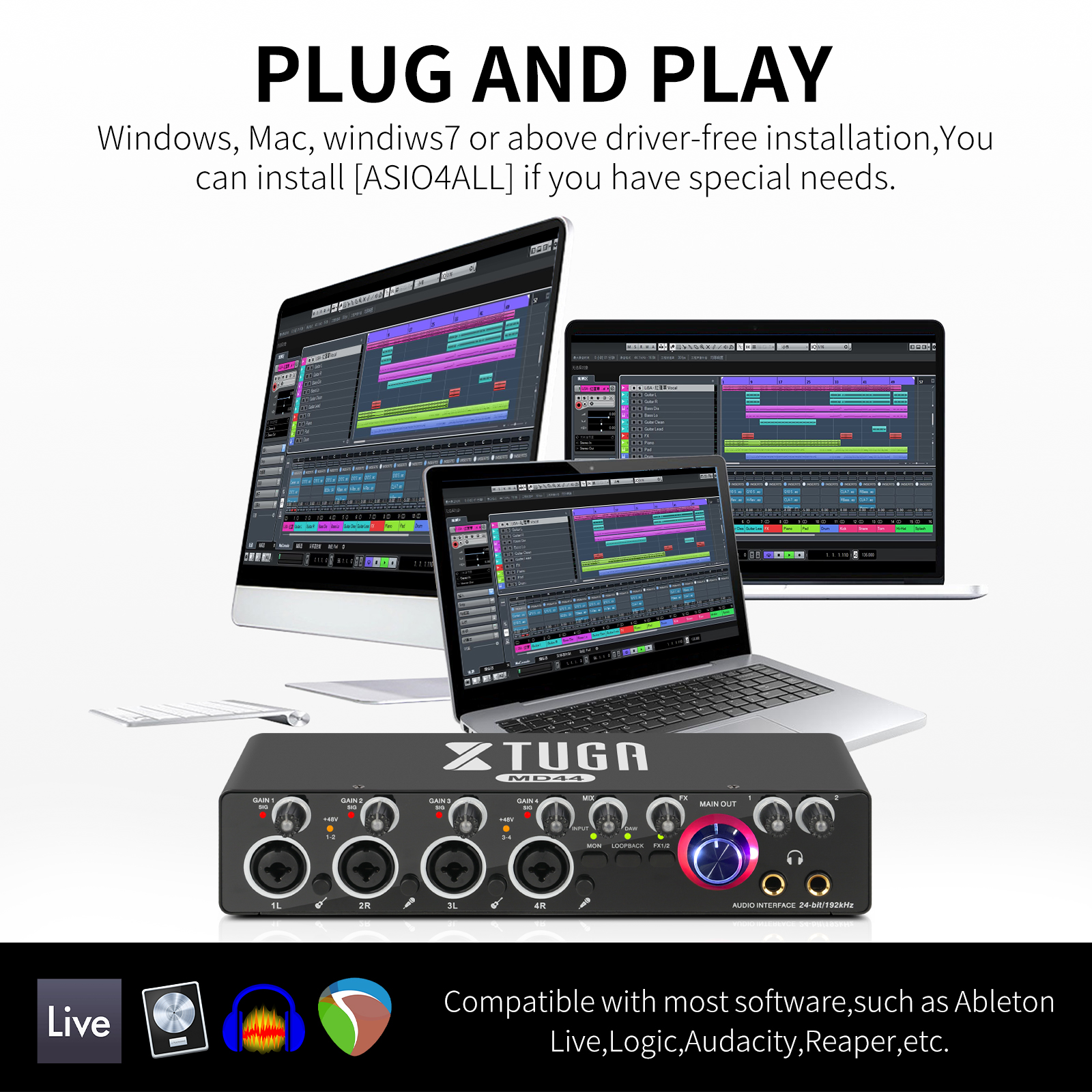 XTUGA MD44 4 Channel Professional Audio Interface Stereo/Mono USB Sound ...