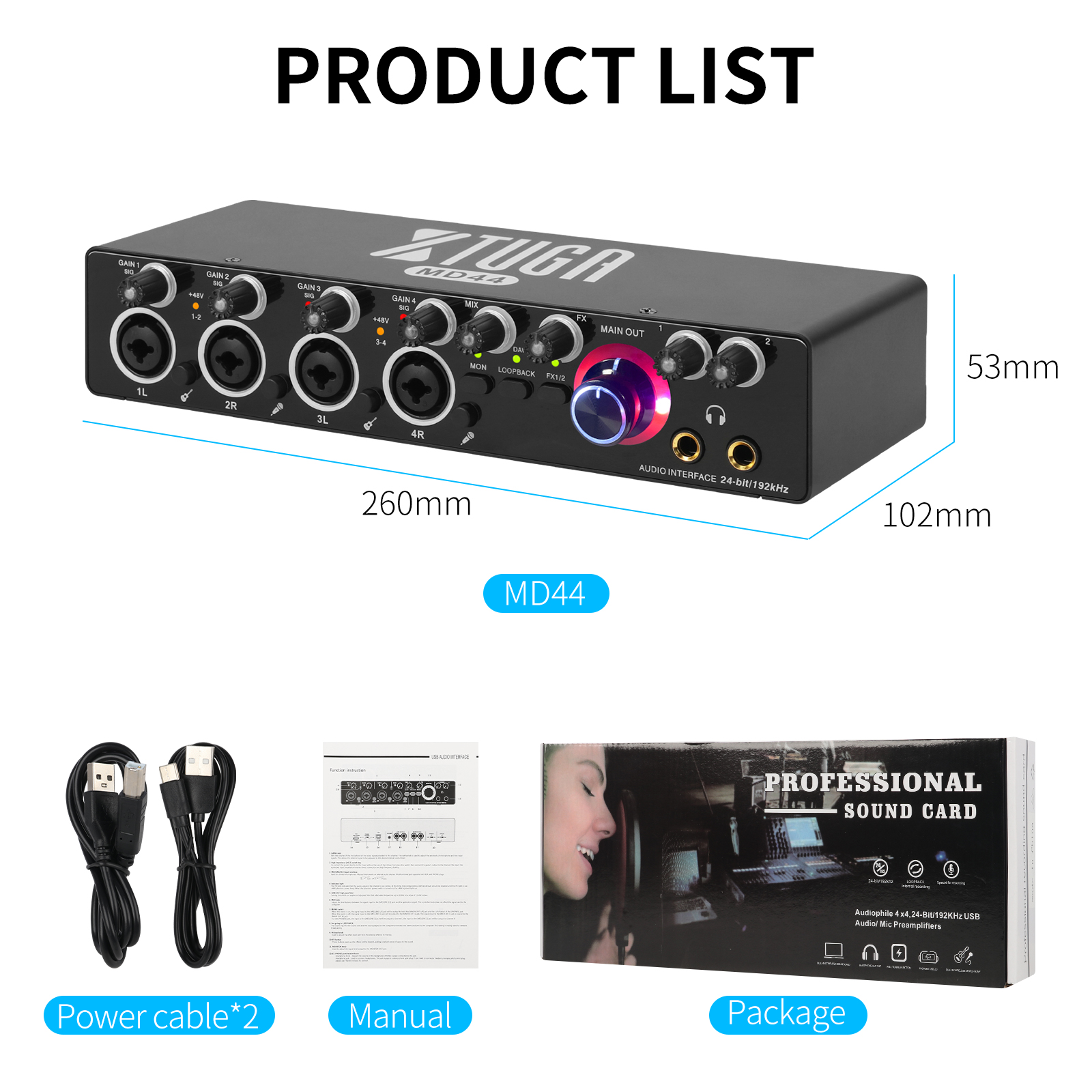 XTUGA MD44 4 Channel Professional Audio Interface Stereo/Mono USB Sound ...