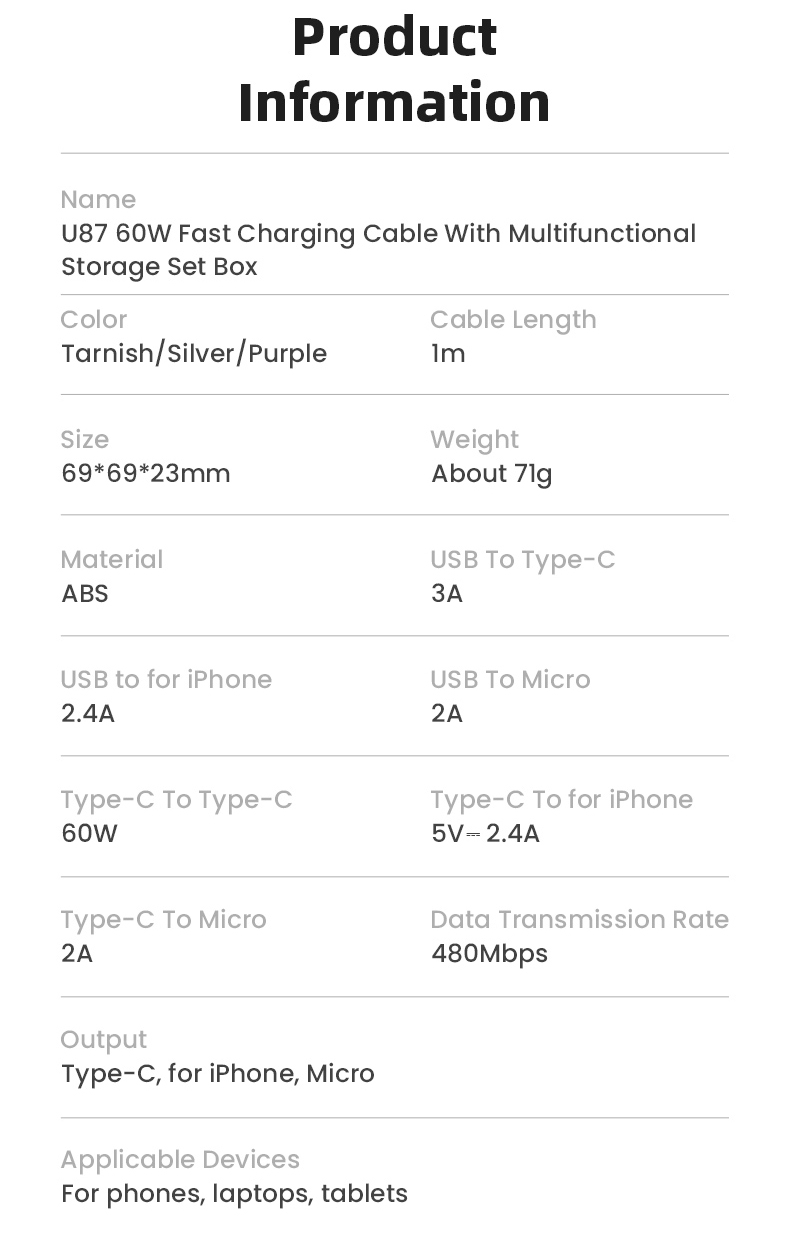 USAMS U87 USB C Cable 60W Fast Charging Cable With Multifunctional ...