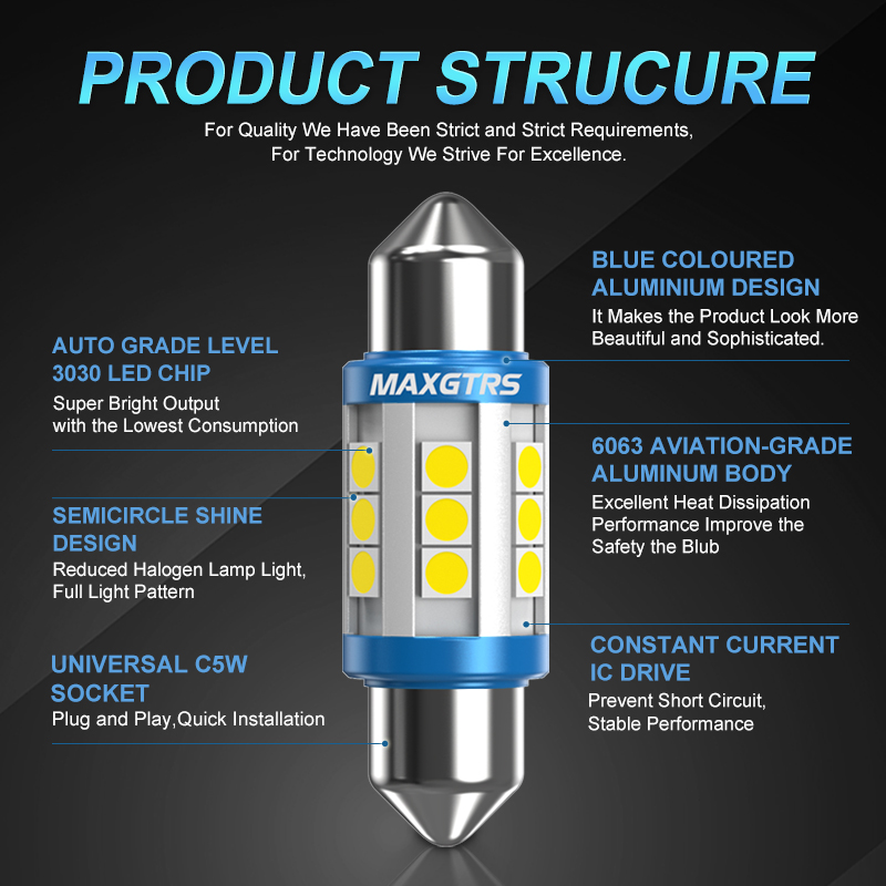 MAXGTRS 2x Car Festoon C5W C10W 31mm/36mm/39mm/41mm Bulb 3030 Chip Led Canbus Interior Reading ...
