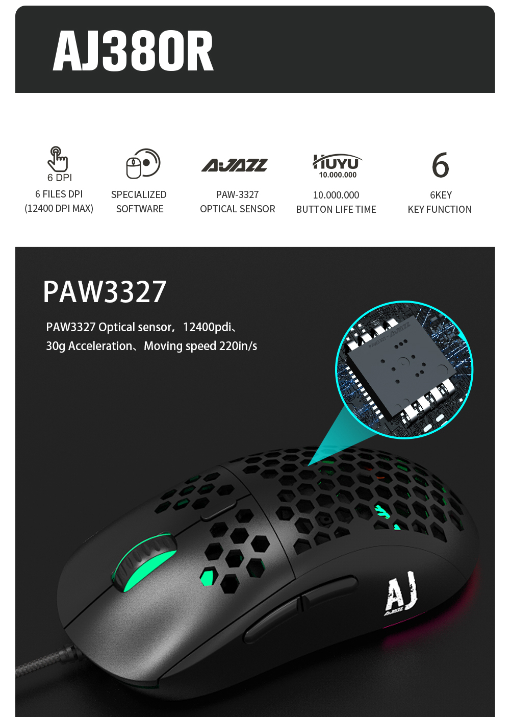 AJAZZ AJ380 RGB Wired Gaming Mouse 16000 DPI Adjustable Mouse 6 Buttons ...