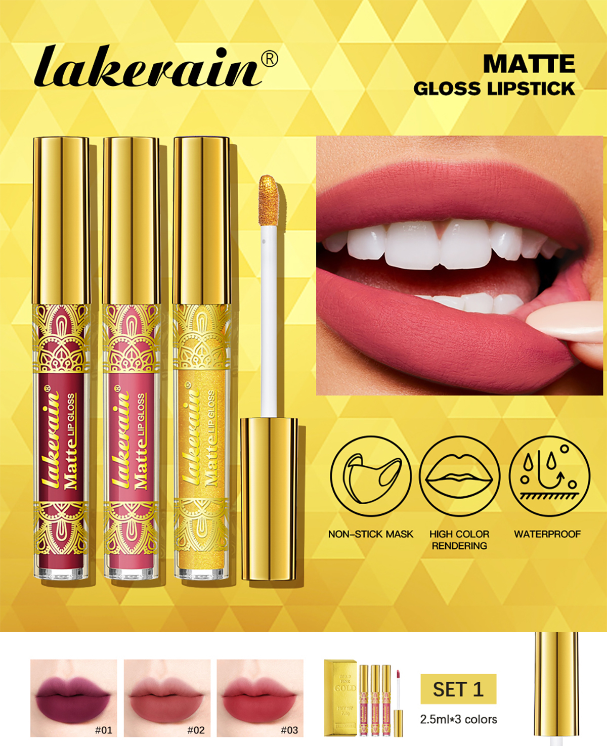 3Pcs/Set Glitter Gold Liptin Set Shiny Matte Velvet Waterproof Mini ...