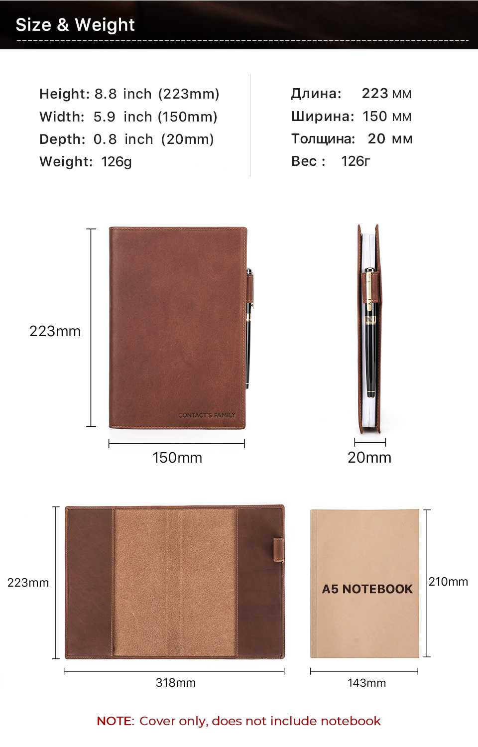 CONTACTS FAMILY Retro Genuine Leather Book Cover Sleeve Protector with ...