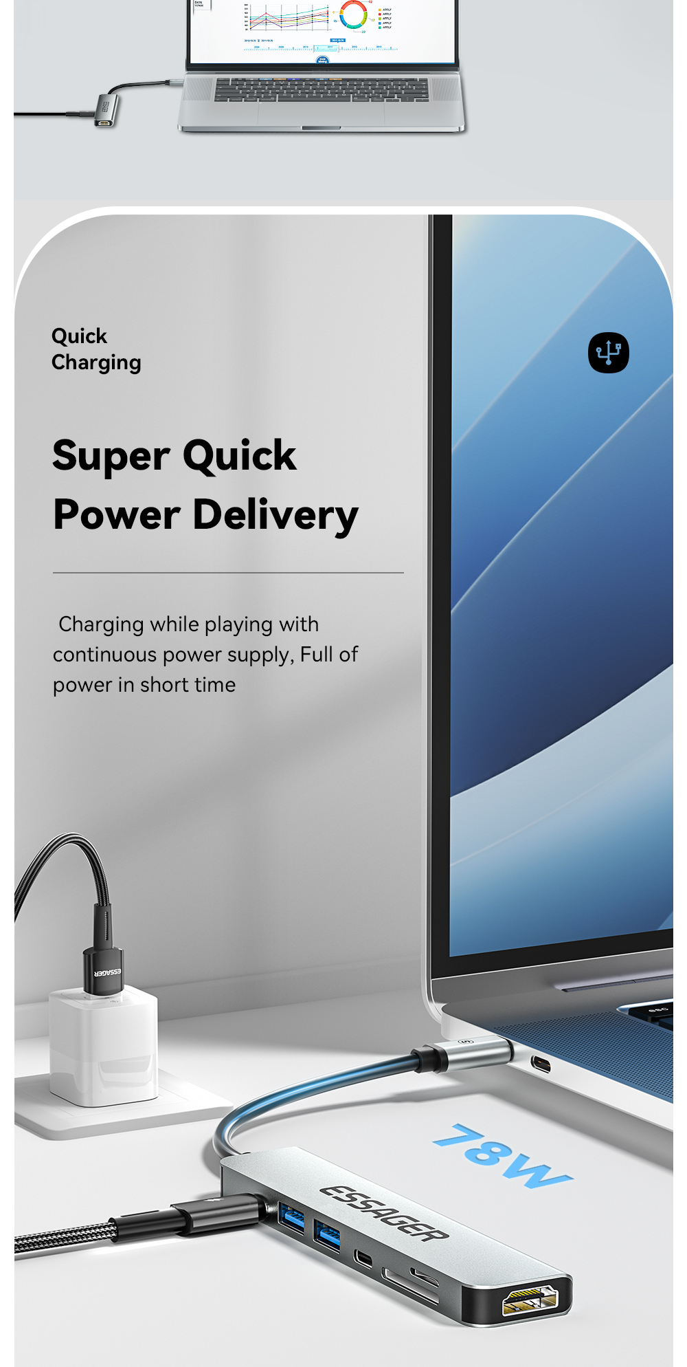 Essager Type C HUB to HDMI USB3.0 Adapter 7 in 1 RJ45 SD Card Reader PD 100W For MacBook ...