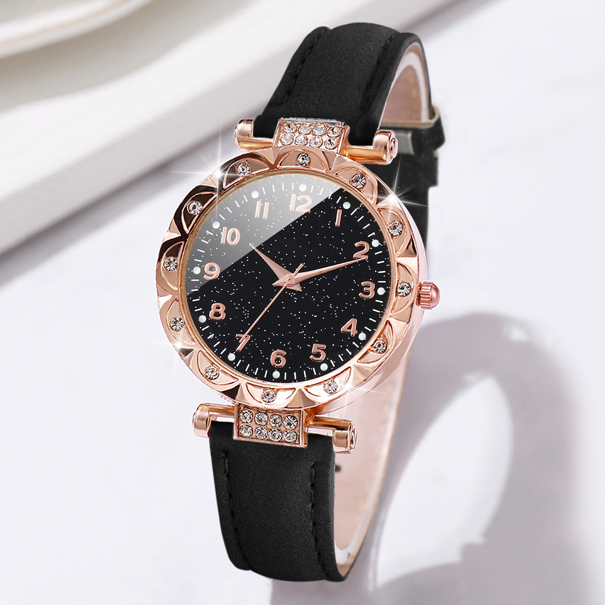 Ladies Watch Fashion Diamond Arabian Dial Leather Strap Quartz Watch ...