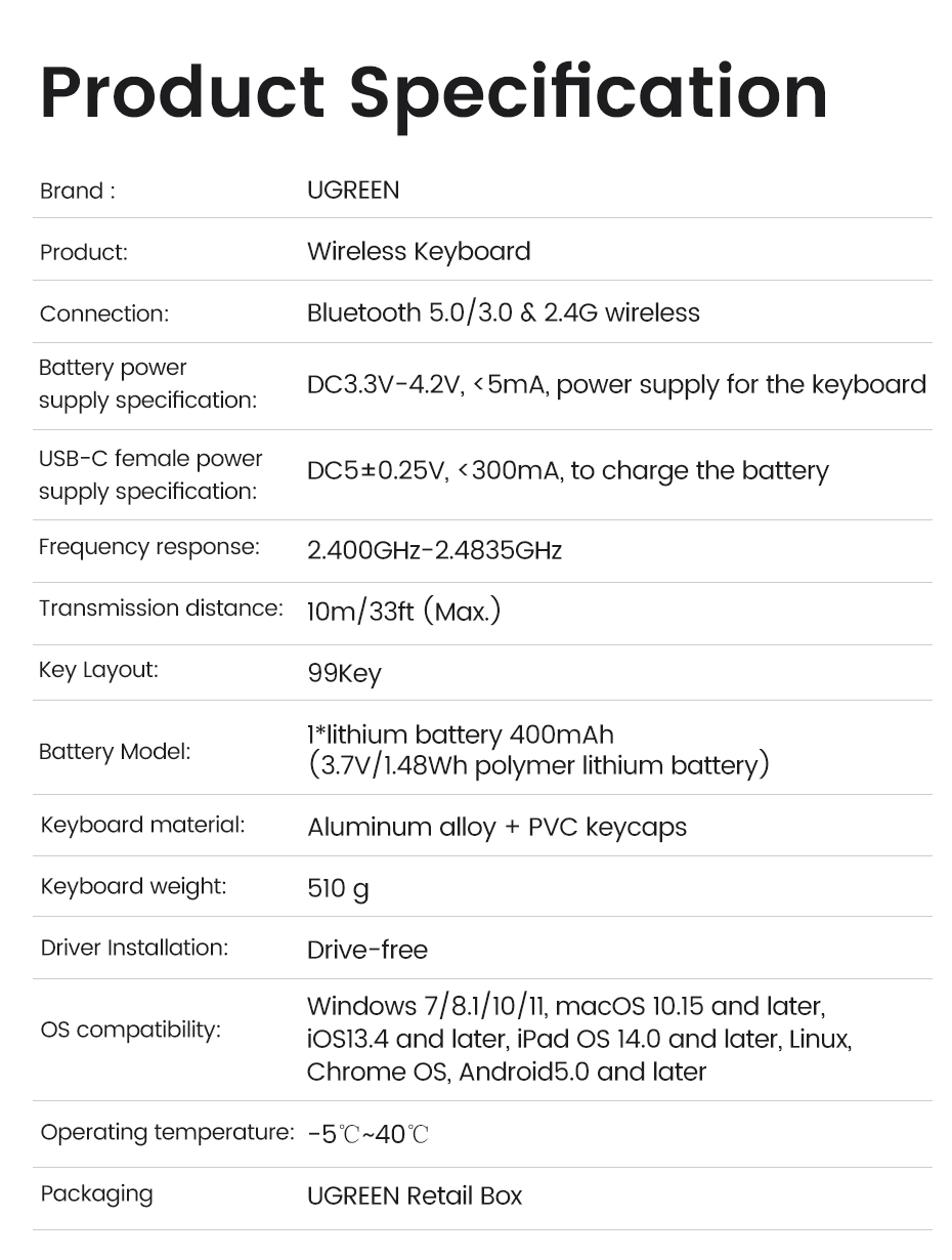 UGREEN Keyboard Wireless Bluetooth 5.0 2.4G 99 Keycaps For MacBook iPad ...