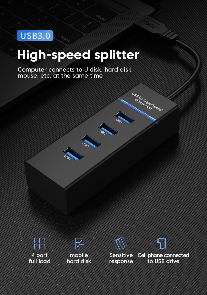 4 Ports USB Hub 3.0 Splitter High Speed Multi USB Splitter Adapter OTG ...
