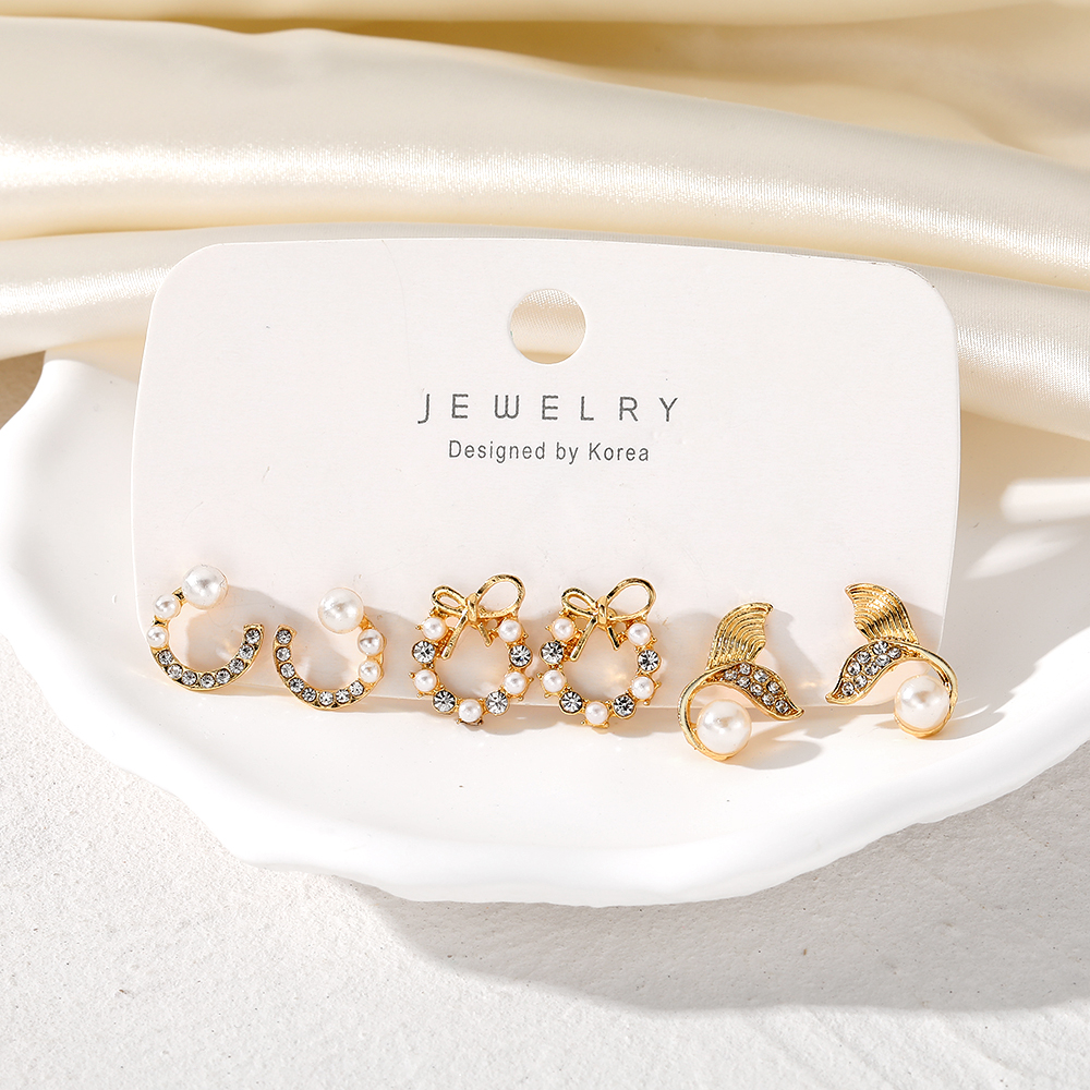 New Fashion Bow Fishtail Moon Pearl Card Earrings 3-Piece Set Various ...