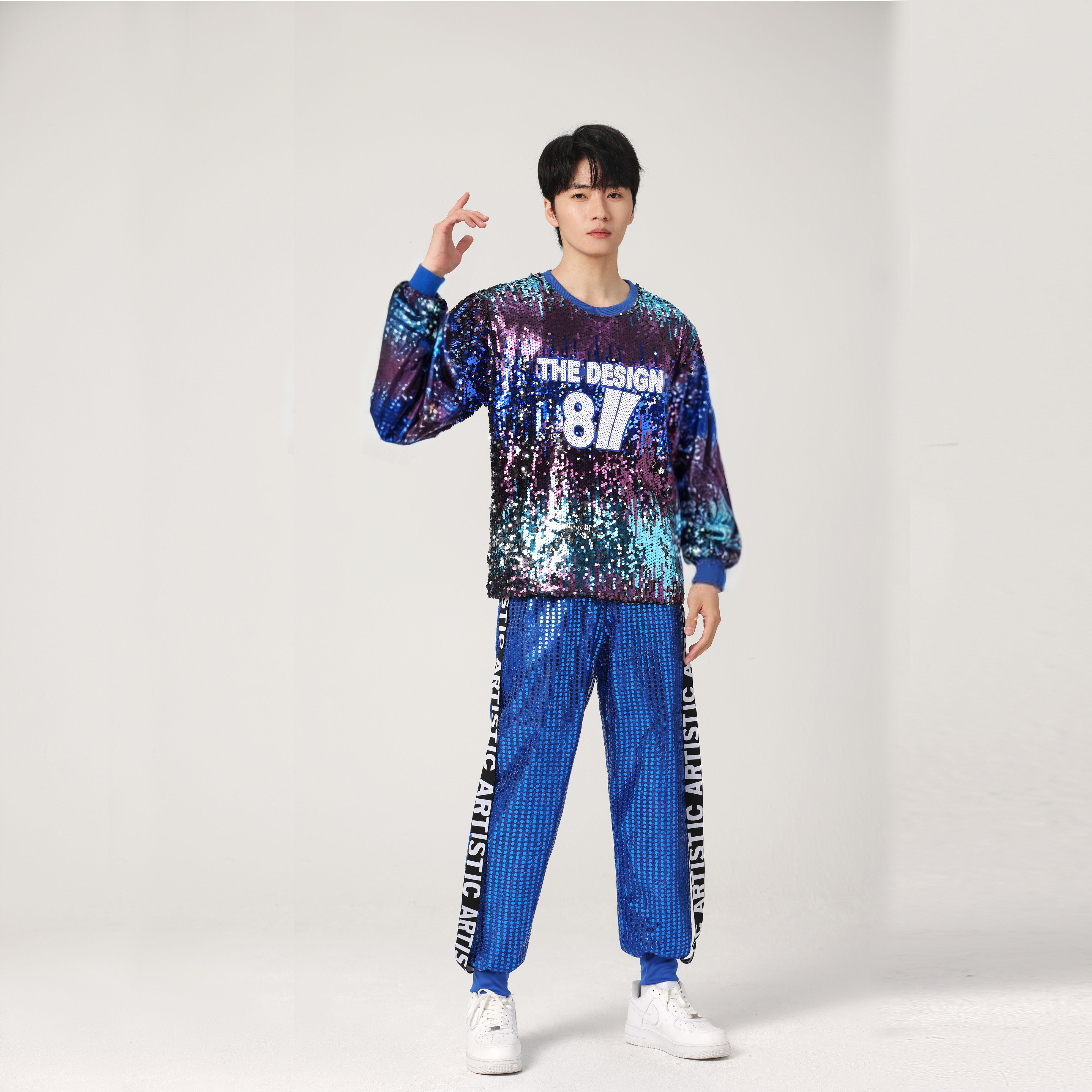 Men Shiny Sequined T-shirts Silver Pants Set Hip Hop Jazz Dance ...