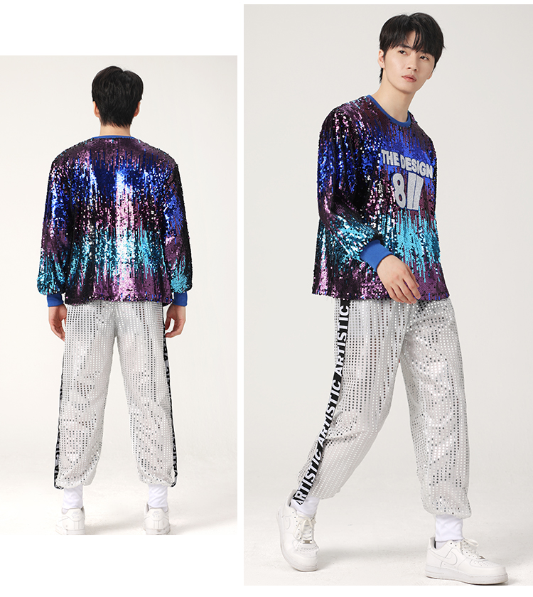 Men Shiny Sequined T-shirts Silver Pants Set Hip Hop Jazz Dance ...
