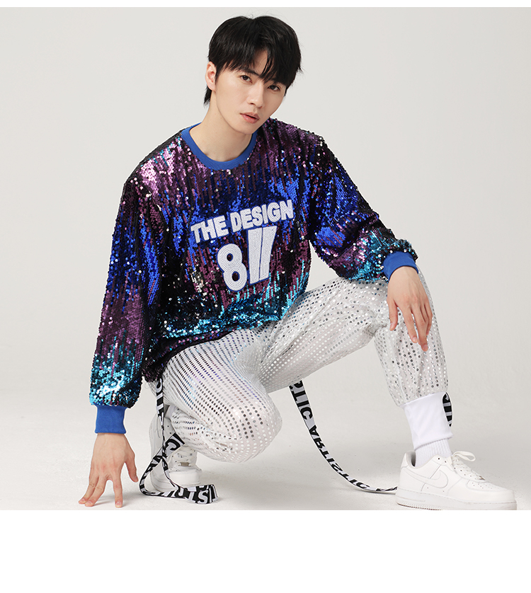 Men Shiny Sequined T-shirts Silver Pants Set Hip Hop Jazz Dance ...
