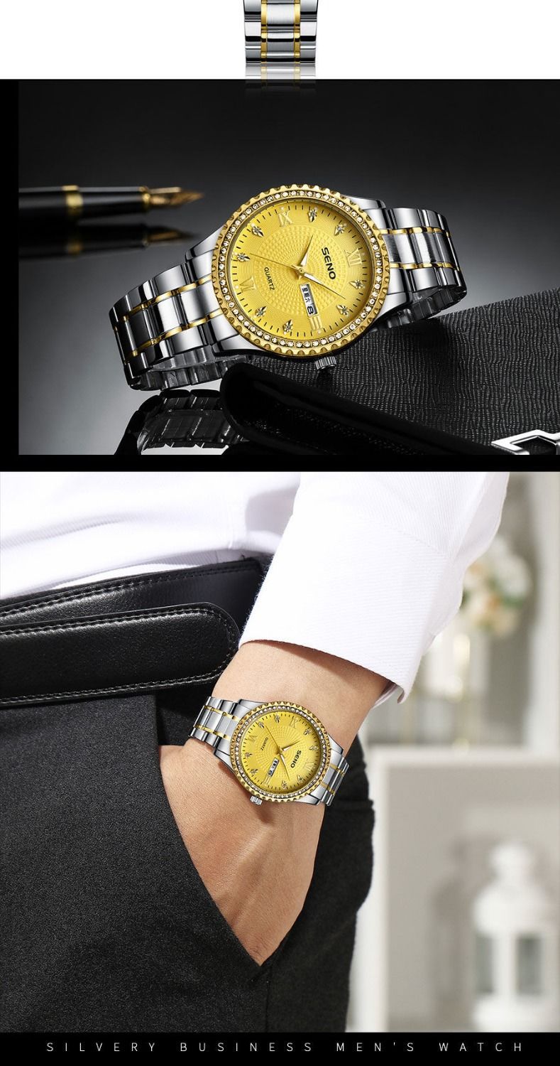 Seno Chenno Gold Watch Men's Fashion Diamond-studded Dial Luminous ...
