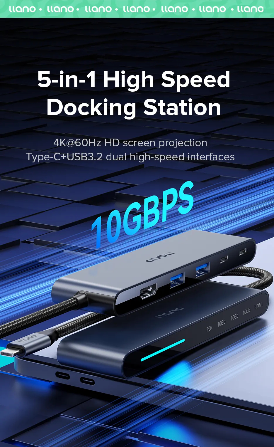 llano 5 in 1 Docking Station USB-C to USB/Type-C 3.2 HDMI 4K 60HZ PD ...