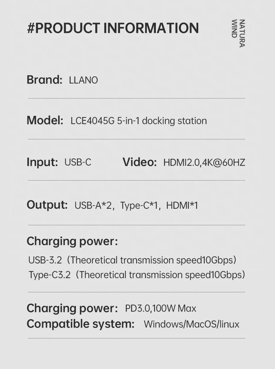 llano 5 in 1 Docking Station USB-C to USB/Type-C 3.2 HDMI 4K 60HZ PD ...